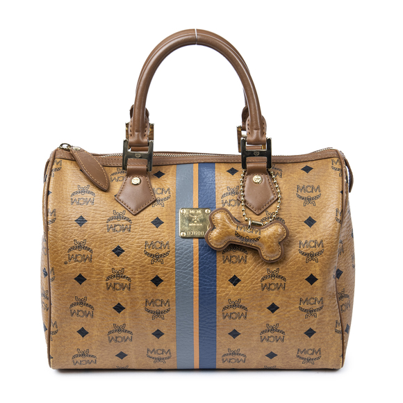 MCM | Bags | Mcm Striped Small Boston Bag In Cognac Visetos Coated ...